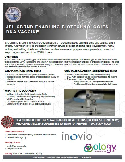 JPL CBRND Enabling Technologies DNA Vaccine > CPE CBRND > Fact Sheet